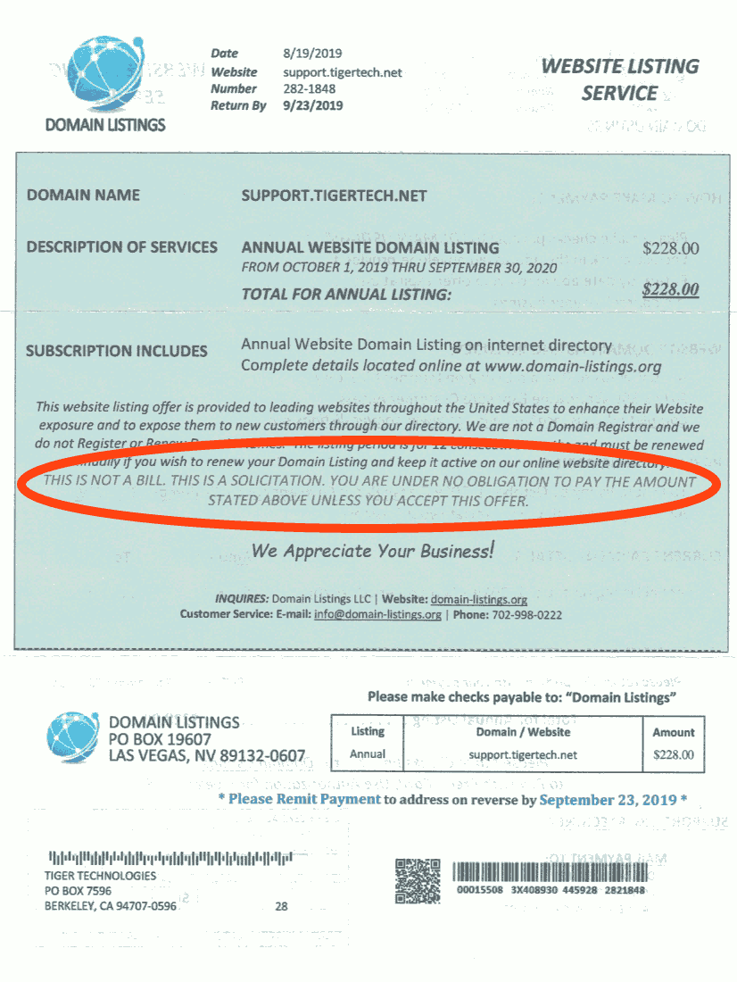 “Domain Listings” / "Domain Networks" Billing Scam | Tiger Technologies ...