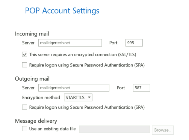 Outlook 2016 Windows Manual Setup for POP3 | Tiger Technologies Support
