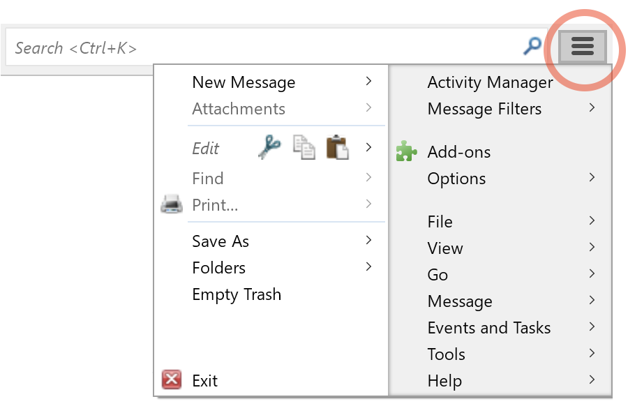 Showing the menu bar in Thunderbird | Tiger Technologies Support